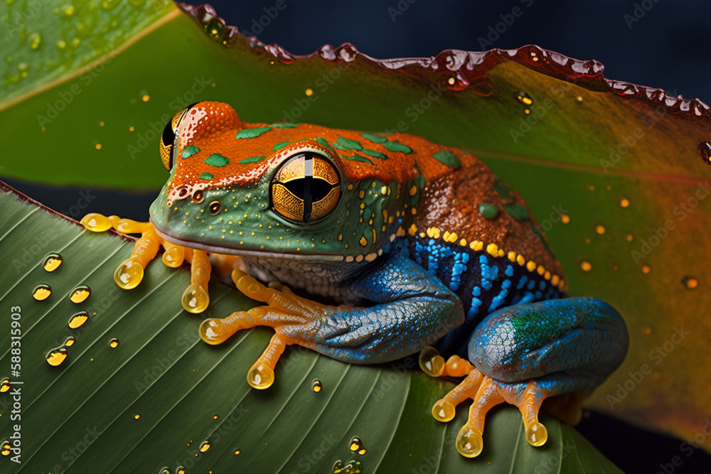 Beautifully colored tropical frog in the jungle on a leaf. Exotic ...