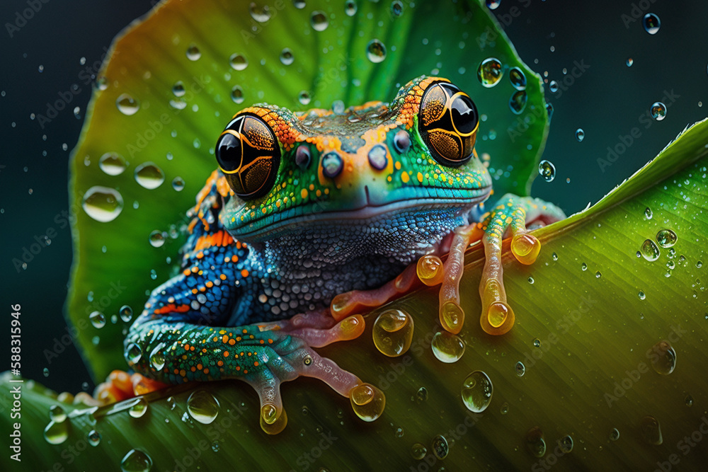 Beautifully colored tropical frog in the jungle on a leaf. Exotic ...