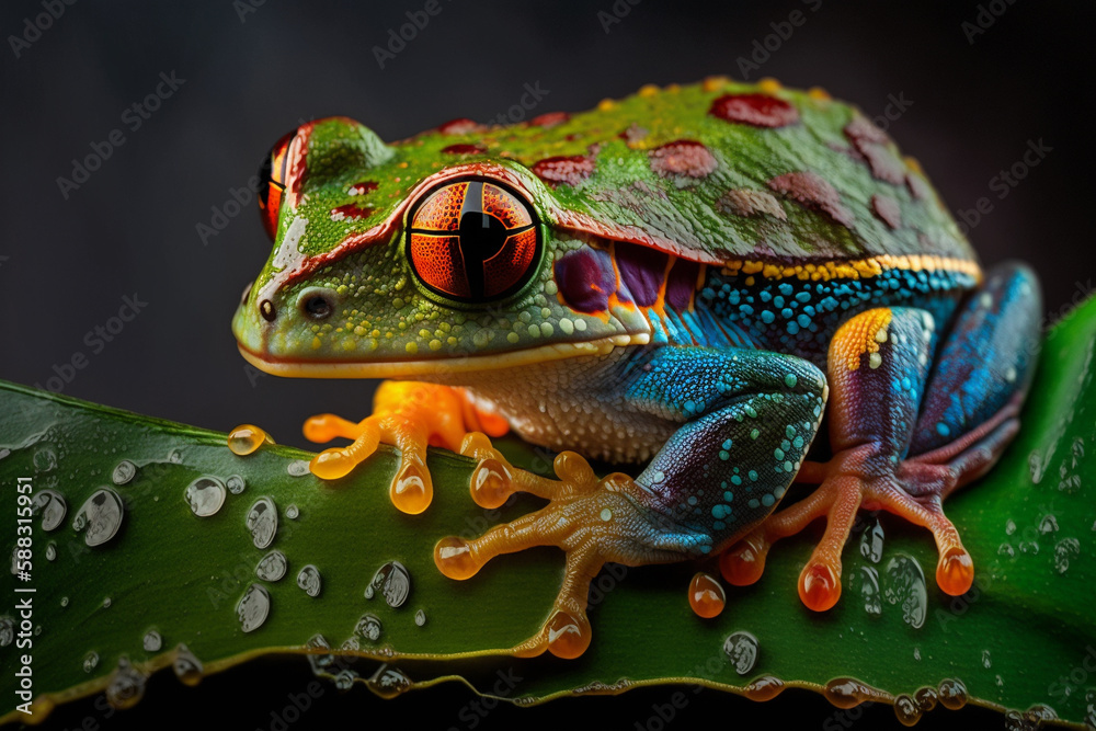 Beautifully colored tropical frog in the jungle on a leaf. Exotic ...