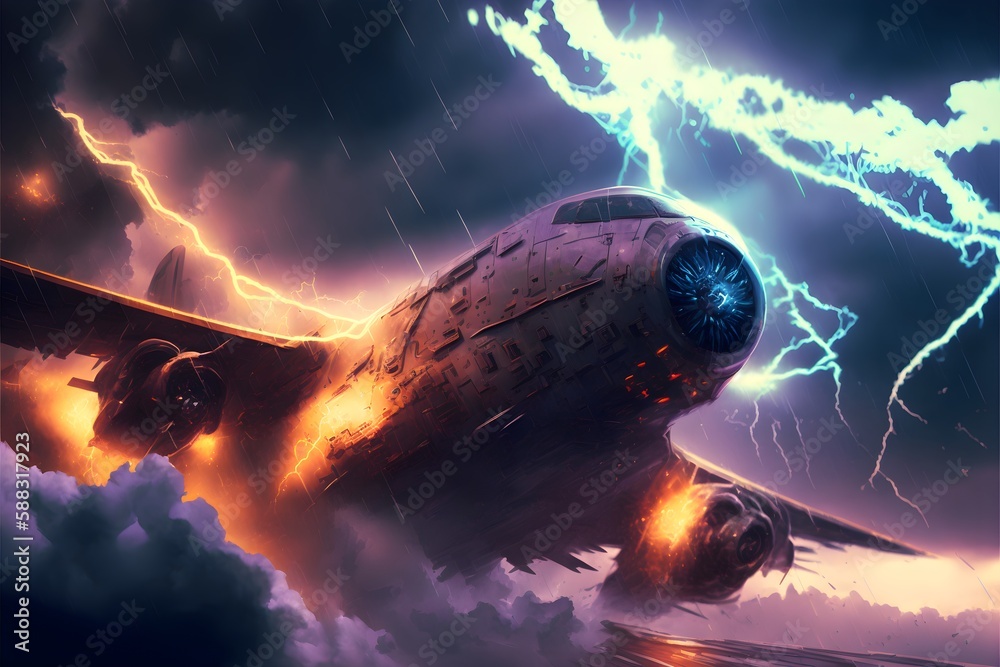 cinematic action movie still passenger jet flying through storm ...