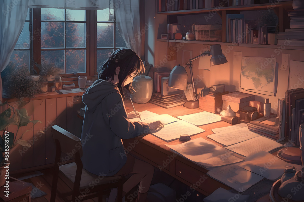 Cool Lofi Girl studying at her desk. Rainy or cloudy outside, beautiful ...