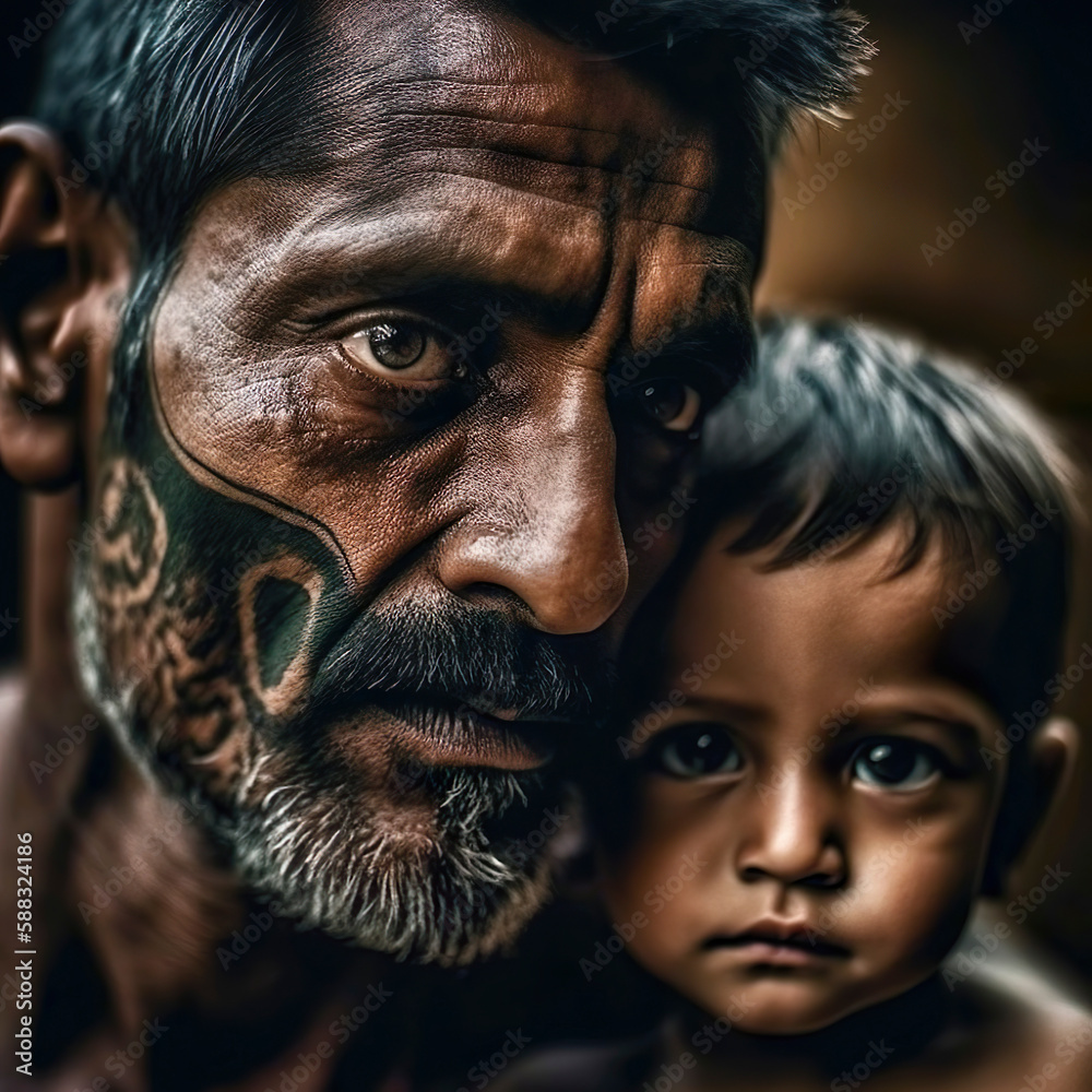 Portrait of a Maori man with face tattoos and his young son .Generative ...