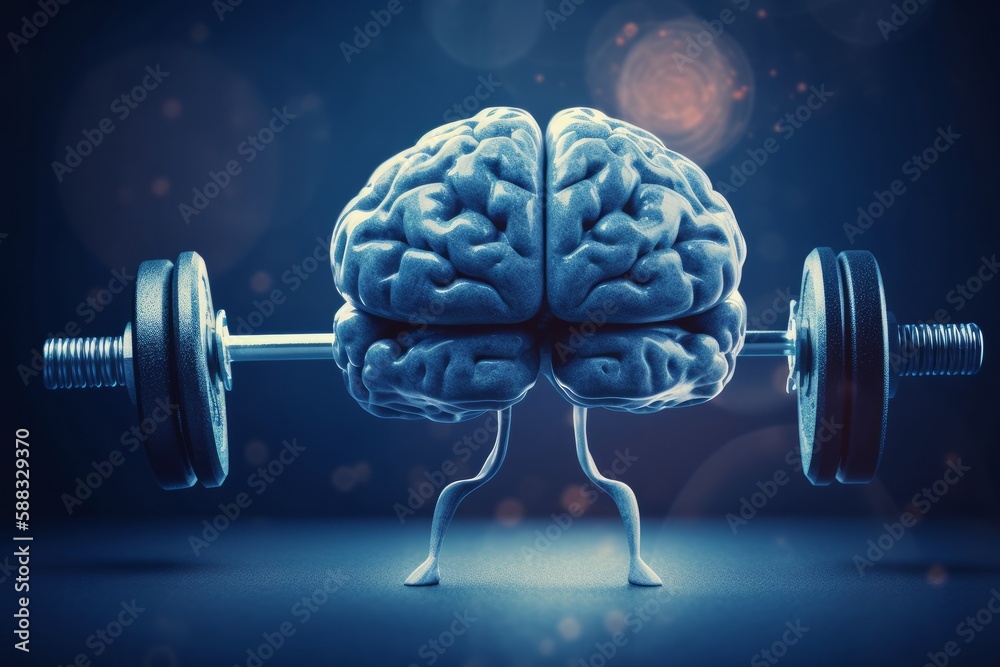 A human brain lifting weights on a blue background. Mental Health ...