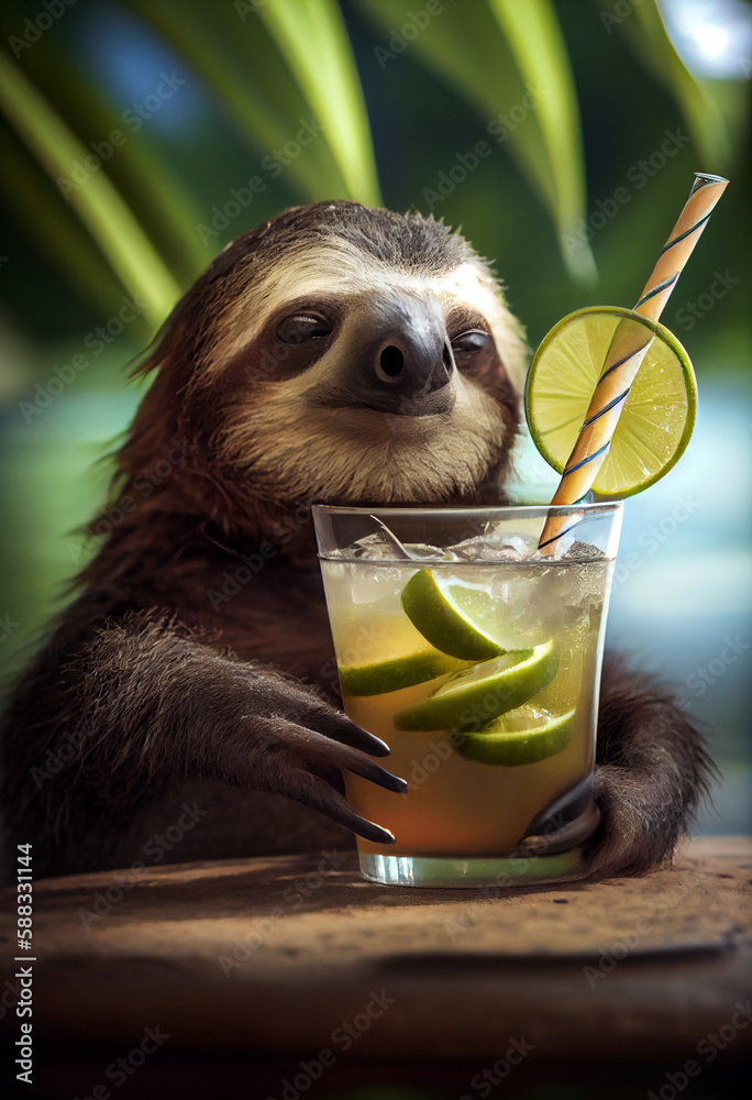 A sloth holding a glass of cocktail while relaxing on a tropical resort ...