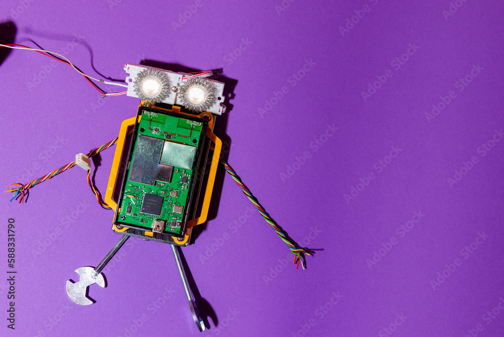Hand made robot flat lay on the arduino platform. DIY. AI. STEAM.purple ...
