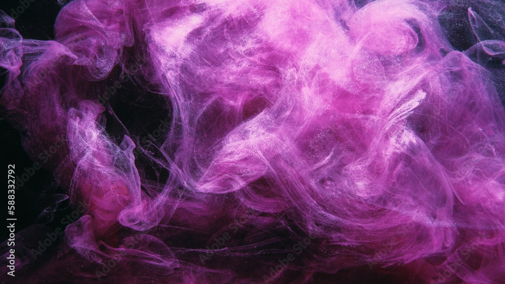 Glitter mist. Paint water splash. Magic spell. Bright pink purple color ...