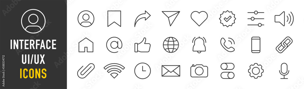Vetor de Interface ui, ux web icons in line style. User, profile, message, mobile app, document ...