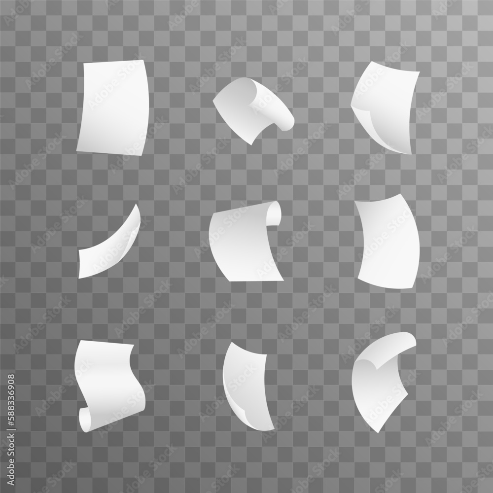 Flying paper sheets. Isolated on transparent background. Realistic 3d ...