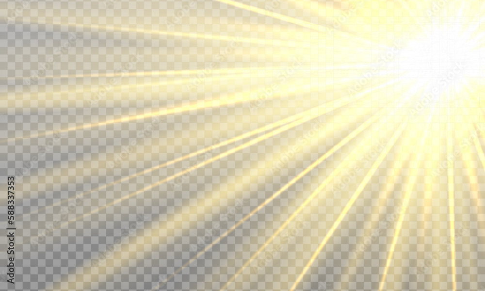 Yellow detonation effect. Sun rays with beams isolated on transparent ...