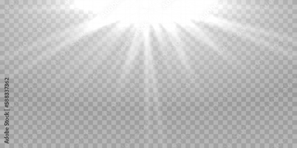 Yellow detonation effect. Sun rays with beams isolated on transparent ...
