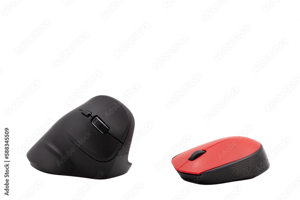 Vertical black and horizontal red computer mouse on a transparent ...