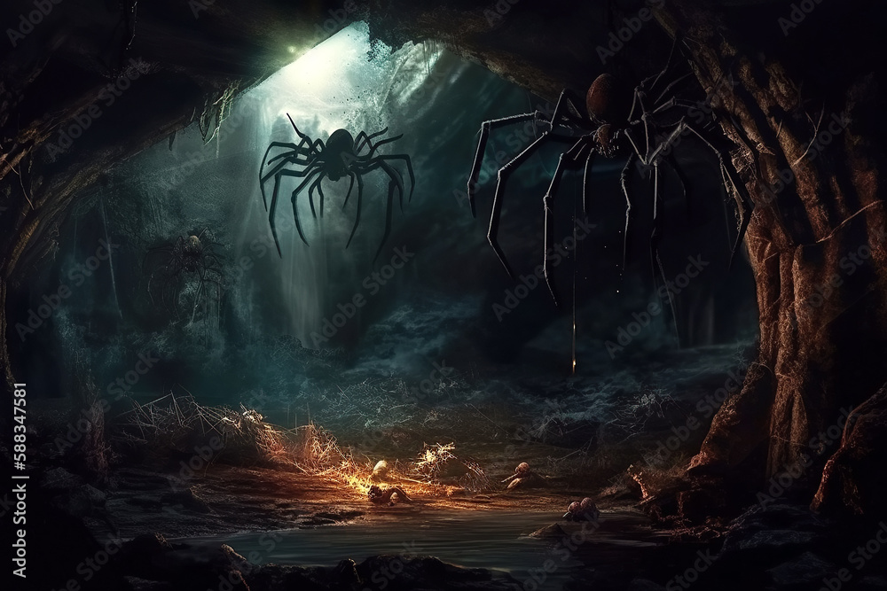 big scary monster spiders in spider web in cave at night. Arachnophobia ...
