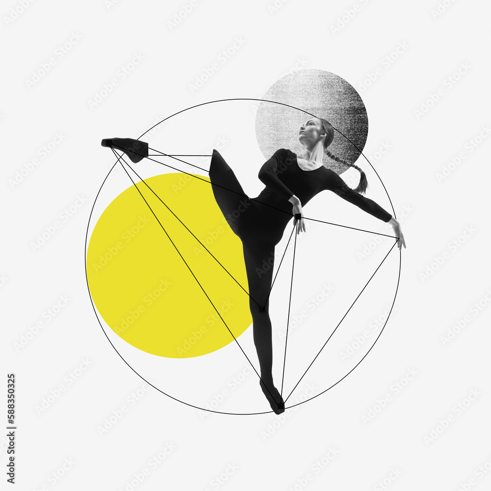 Poster Young talented ballerina training, dancing against light pastel ...