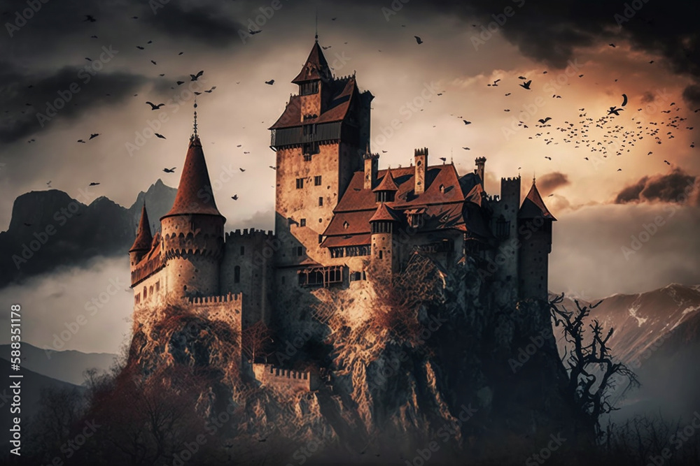 Scary horror and haunted Dracula medieval vampire castle with bats. Halloween myth and legend ...