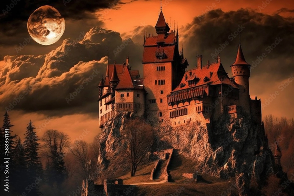 Scary horror and haunted Dracula medieval vampire castle with bats ...