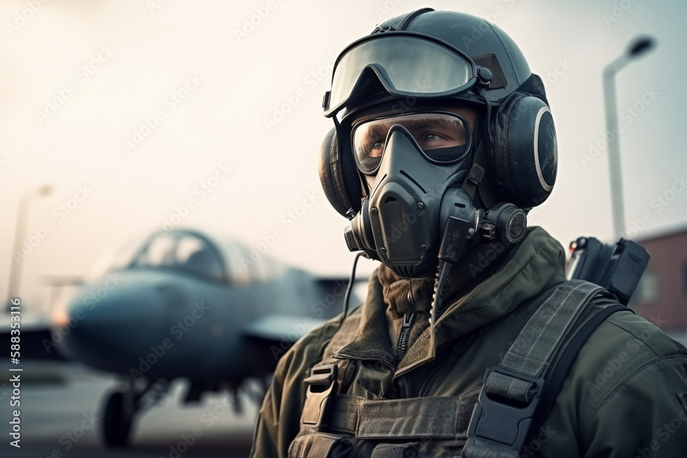 Pilot soldier in helmet in cockpit fighter plane, war. Generative AI ...