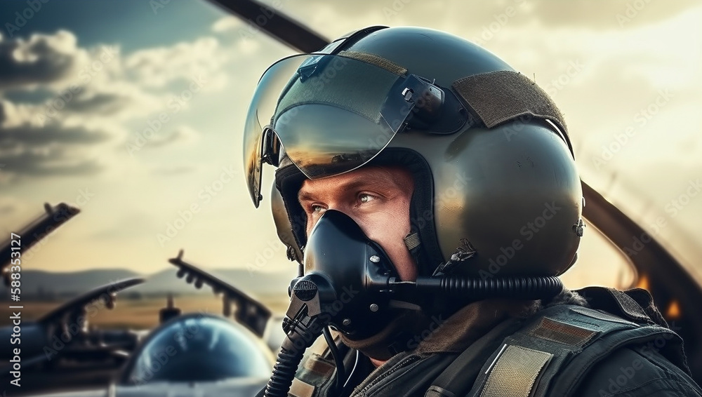 Pilot soldier in helmet in cockpit fighter plane, war. Generative AI ...
