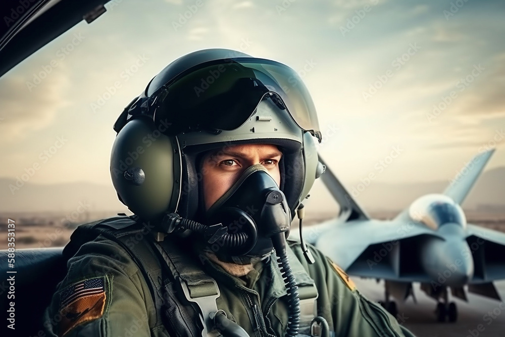 Pilot soldier in helmet in cockpit fighter plane, war. Generative AI ...