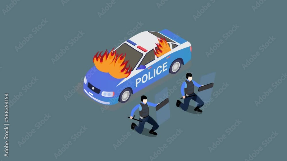 Police officers with shield next to Burning police car 3d isometric ...