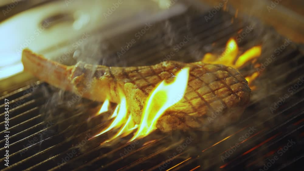 Black Angus Wagyu Tomahawk Steak on Charcoal Grill Stock Video | Adobe ...