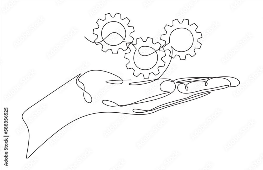 continuous one single line drawing of hand holding gears, tech ...