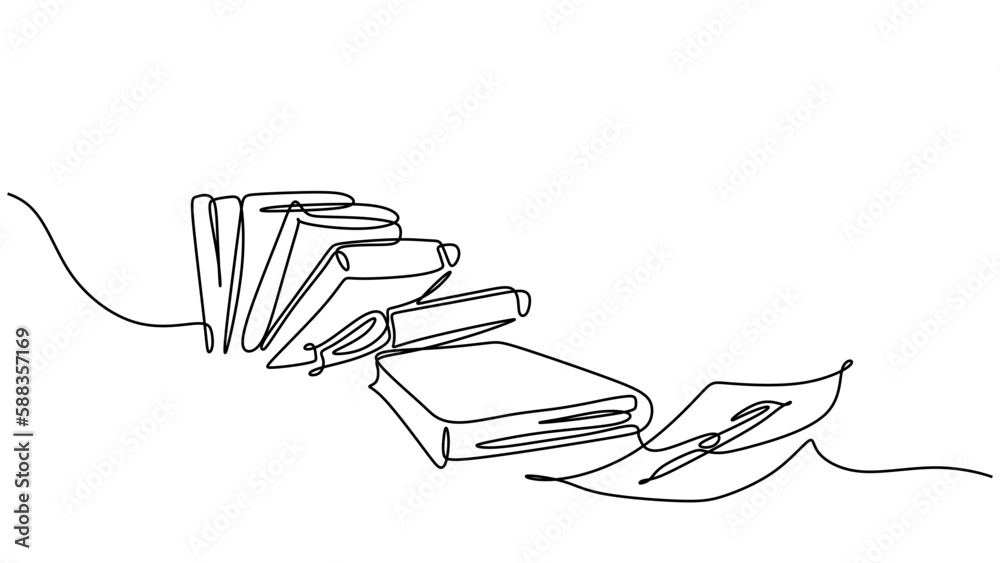 Book line drawing, continuous stack of books with pen and paper for ...