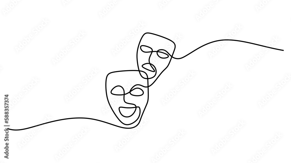 Greek mask one line drawing, opera event symbols continuous hand drawn ...