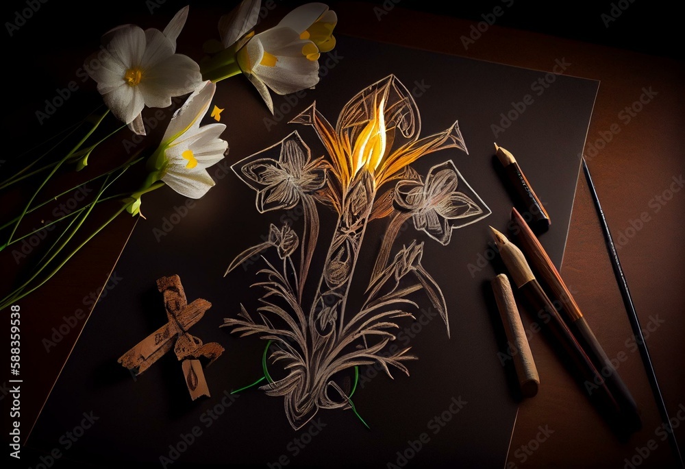 Imbolc symbols on a black background drawing with colored pencils ...