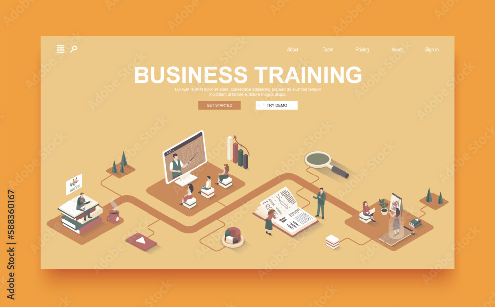 Business training concept 3d isometric landing page template. People ...