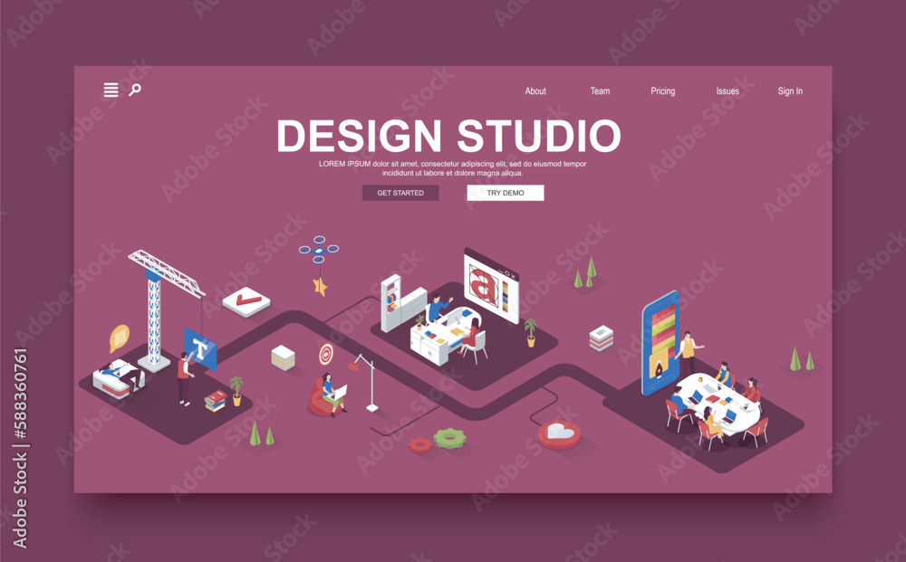 Design studio concept 3d isometric landing page template. People work ...