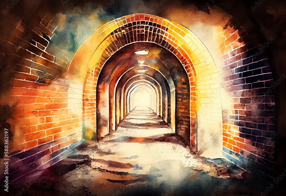 Watercolor Illustration of a Long Way Brick Wall Tunnel To Light, Wall ...