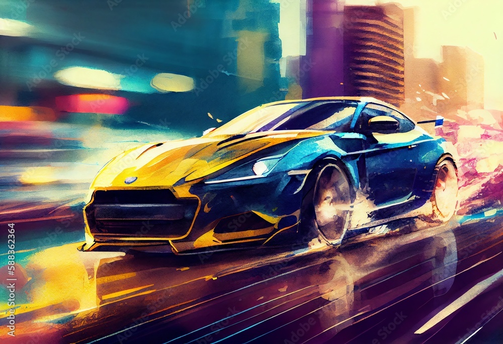 Watercolor Illustration of a Sports Car Driving At Fast Speed On City ...