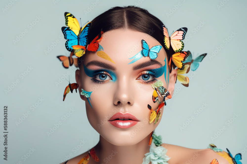 Beautiful supermodel woman make up colorful look with stick butterfly ...