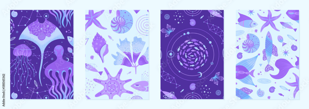Set of vector illustrations of cosmic underwater creatures. Marine life ...