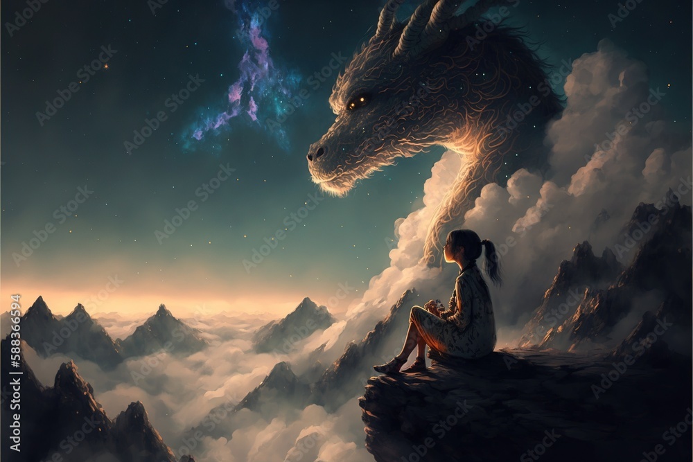 Chinese girl sitting on top of mountain above the cloud with her dragon ...