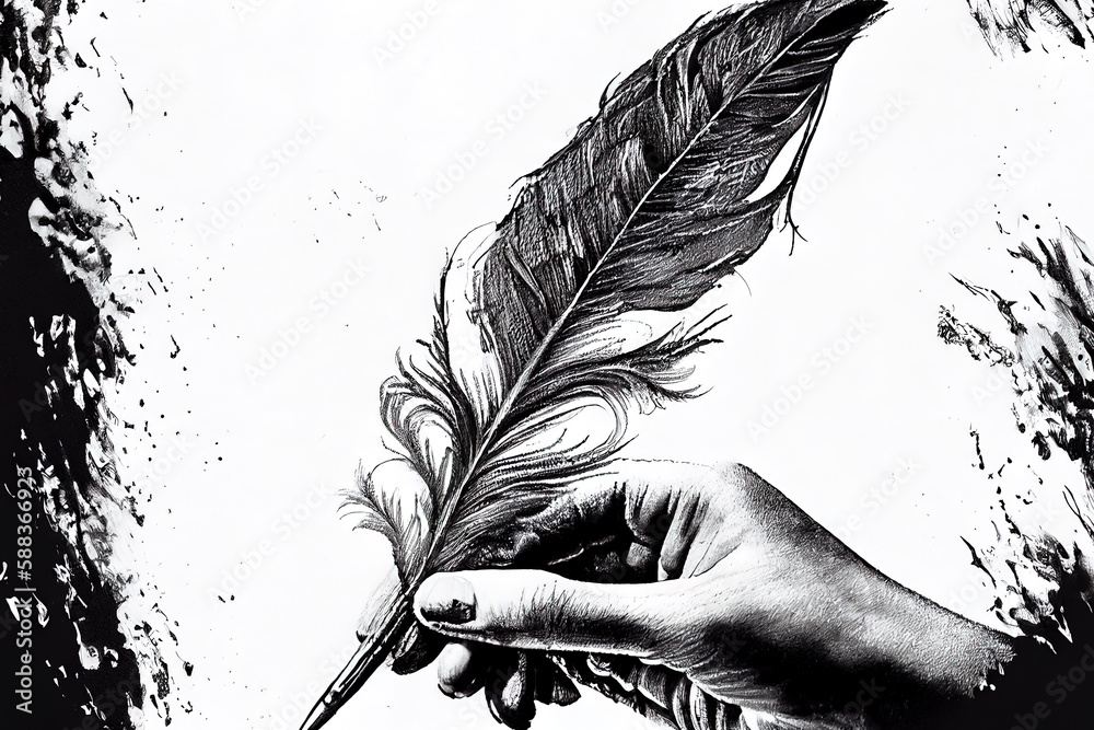 Hand with a quill pen ink black and white drawing. Generative Ai Stock ...