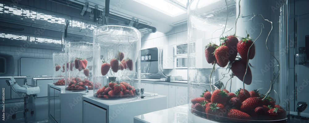 Strawberries made in a sci-fi style bio lab. genetically modified or ...