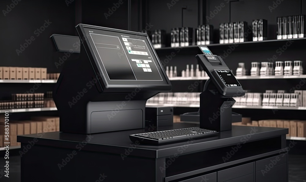 Barcode scanner at checkout cashier counter in supermarket for urban ...