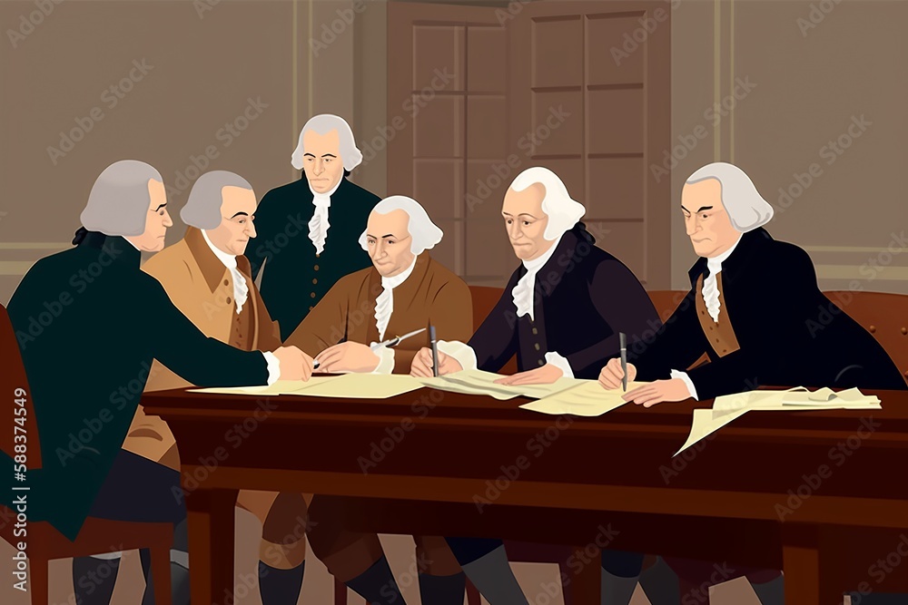 Flat illustration of Founding Fathers signing Declaration of ...