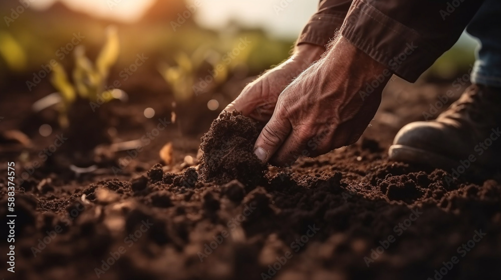Hand of farmer inspecting soil health before planting in organic farm ...