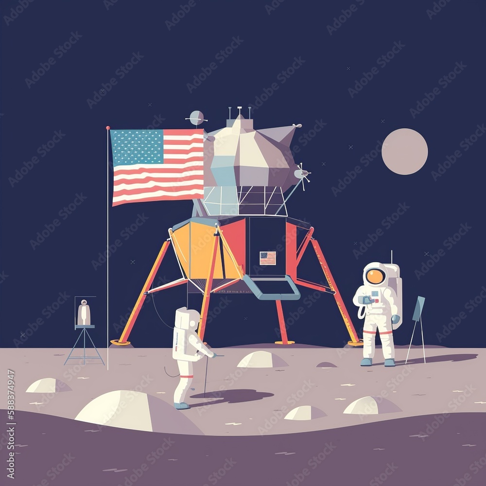 Flat illustration of moon landing, Armstrong and Aldrin planting flag ...