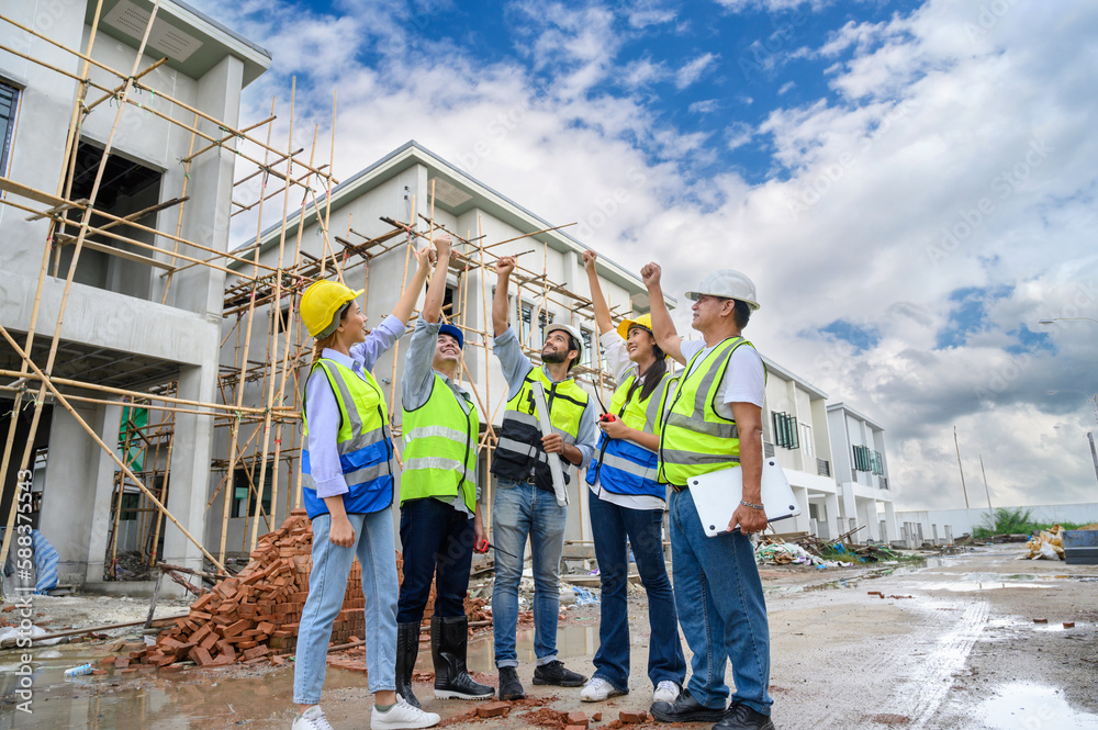 Fotka „Contractors, engineers and formats in safety vests with helmets ...