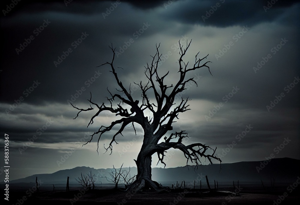 ภาพประกอบสต็อก Silhouette dead tree on dark dramatic sky and white ...