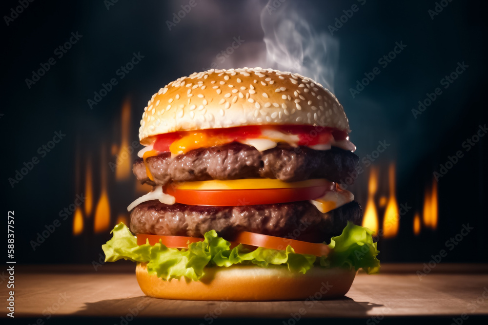 Hot and spicy burger with beautifully crafted presentations on fire and ...