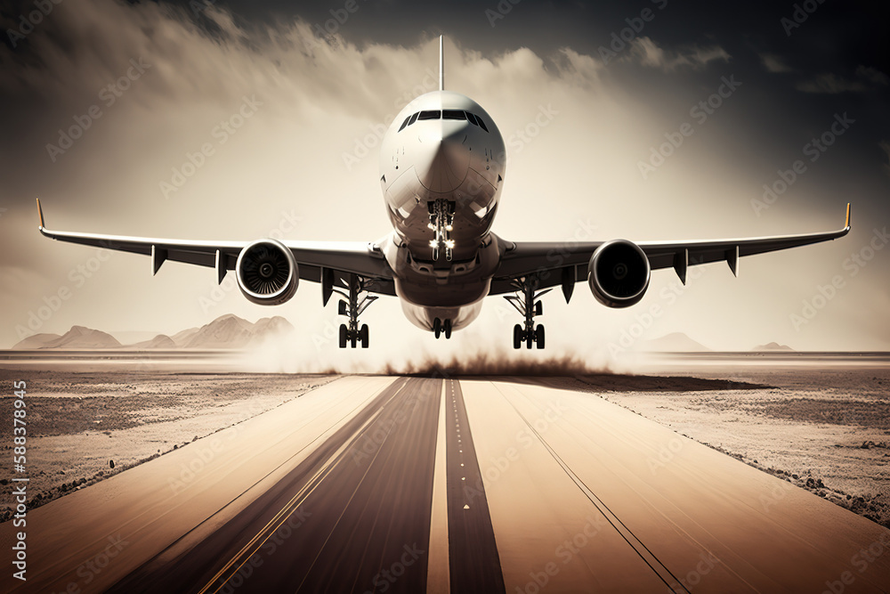 Front view of a passenger airplane is landing or taking-off on the ...