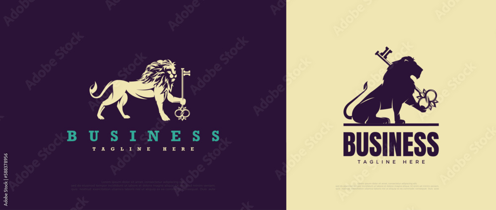 Modern Classic Lion logo with a lion standing tall and holding a key ...