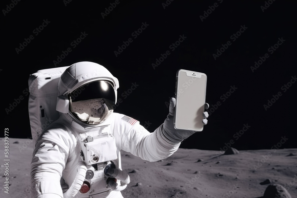 Astronaut holding smartphone standing on the Moon, generative ai Stock ...