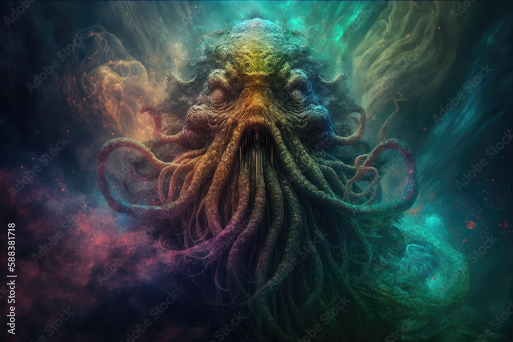 Creepy Cthulhu in mist. Mythical creature created with Generative AI ...