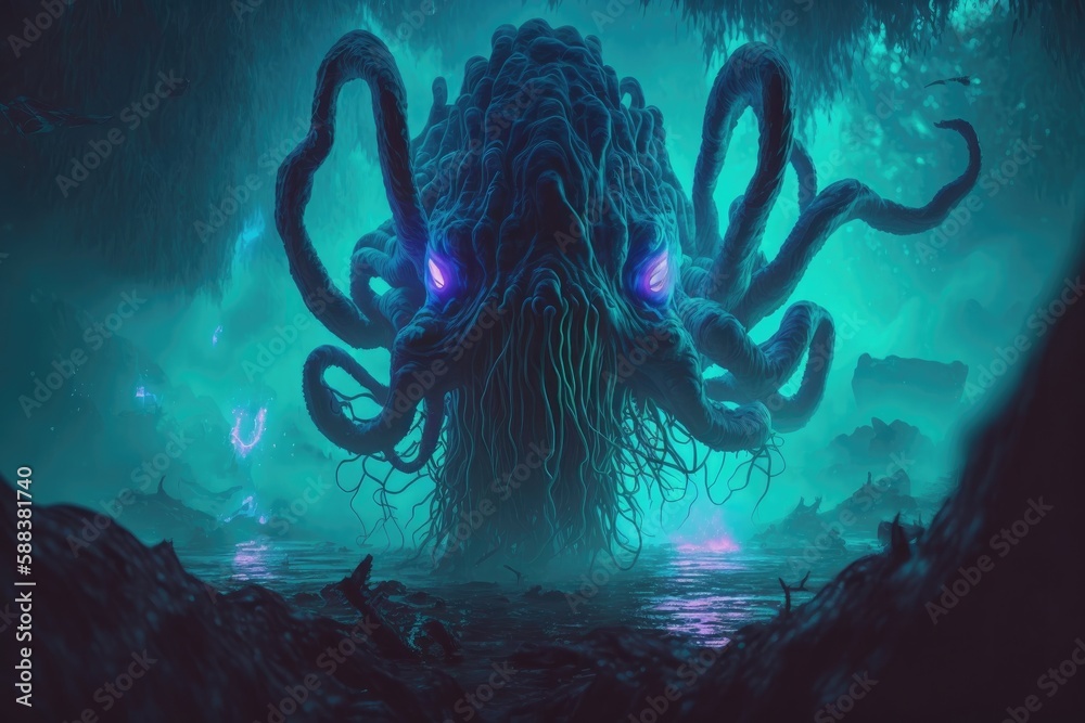 Creepy Cthulhu in mist. Mythical creature created with Generative AI ...