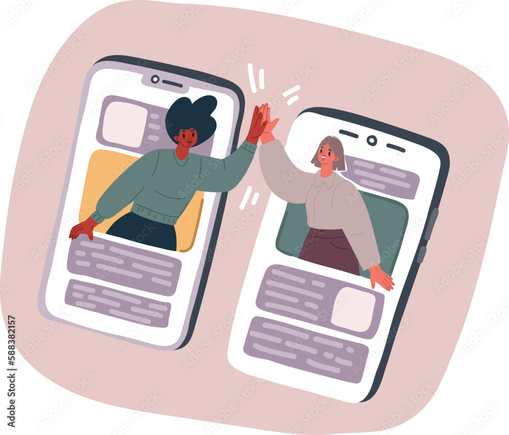 Vector illustration of social distancing, high five, phones. Two people ...